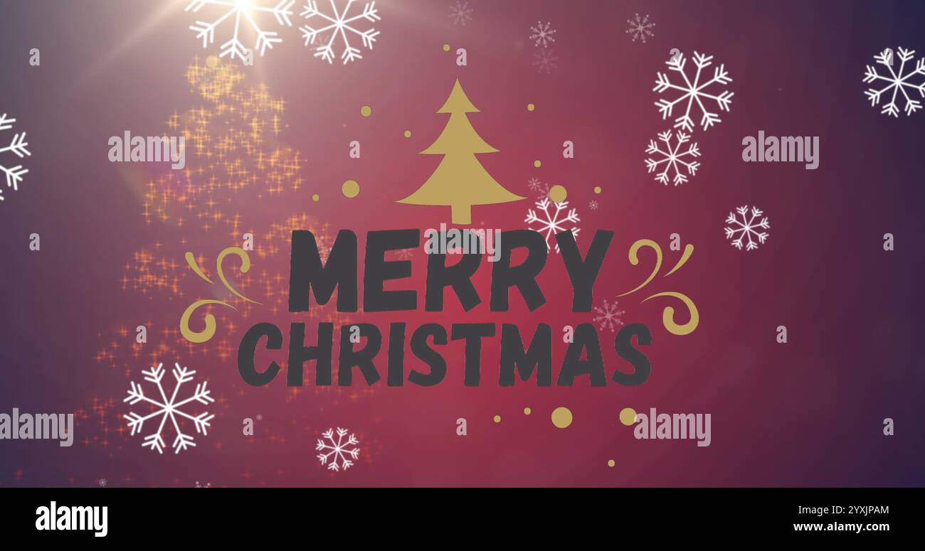 Image of merry christmas text with tree over snowflakes and lens flares ...