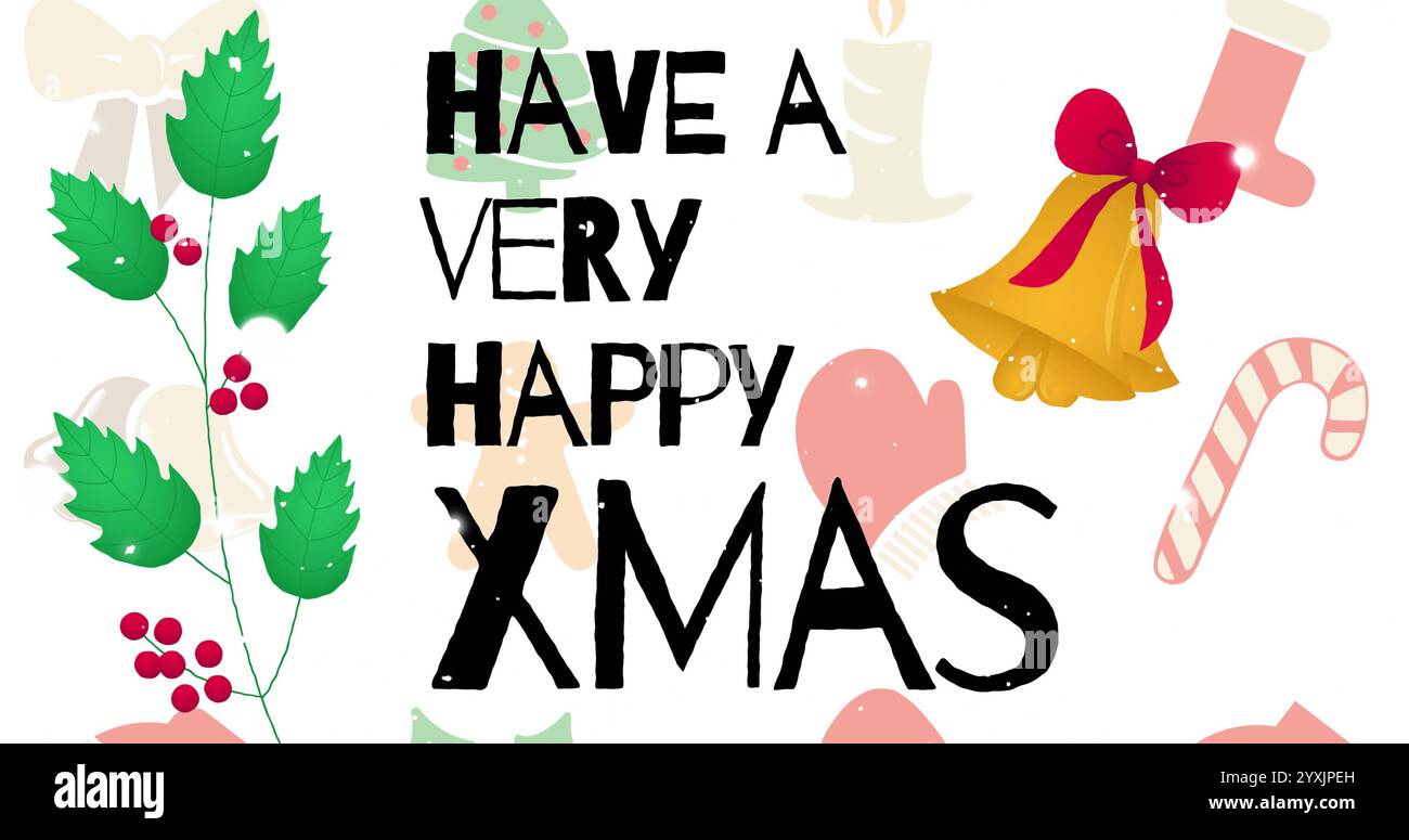 Image of have a very happy xmas text over decorations on white ...