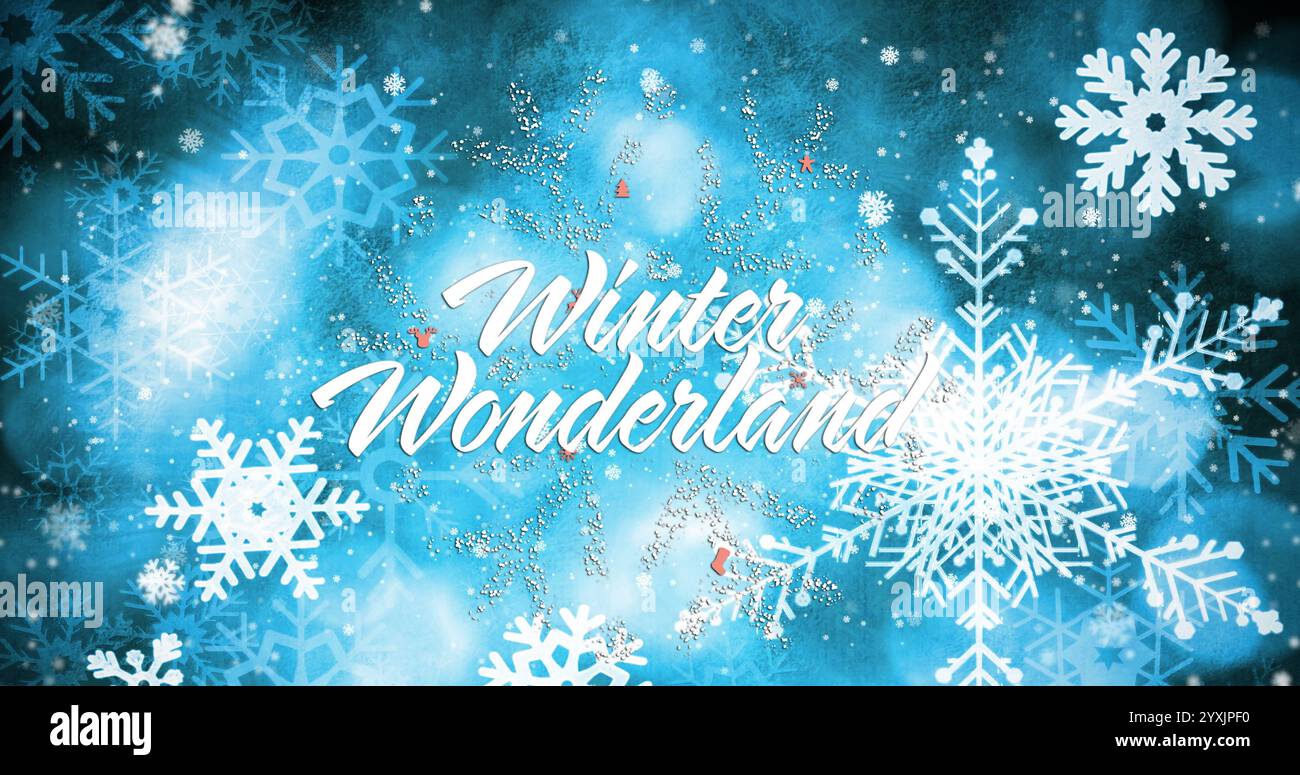 Image of snow falling and winter wonderland text over snowflakes at ...