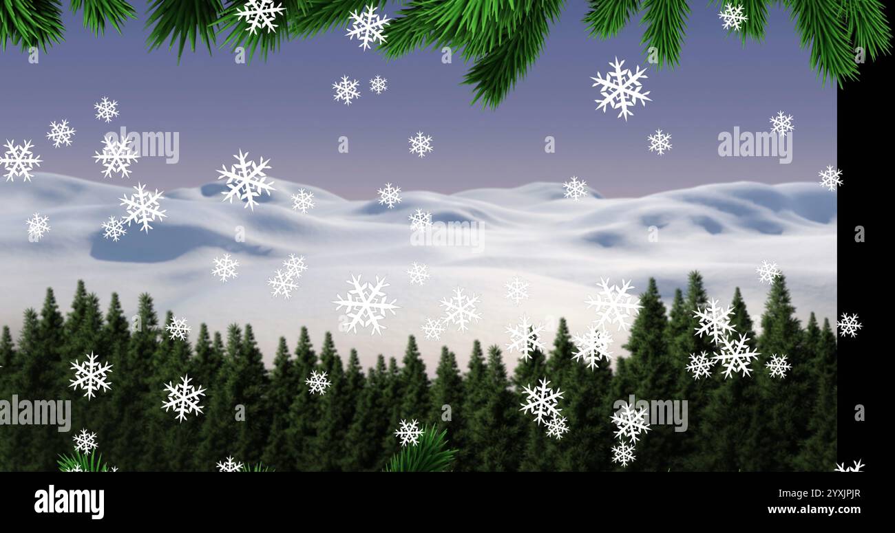 Green tree branches and snowflakes falling over multiple trees on ...