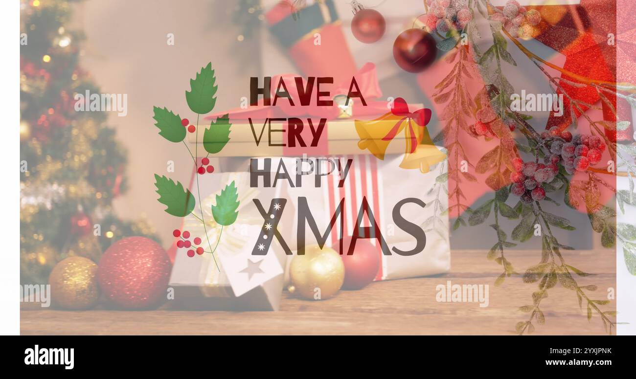 Image of christmas greetings text over christmas tree and decorations ...