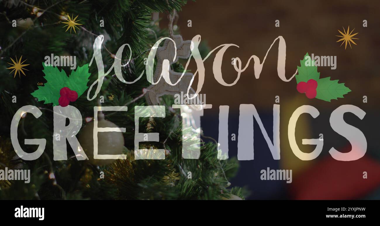 Image of christmas greetings text over christmas tree with decorations ...