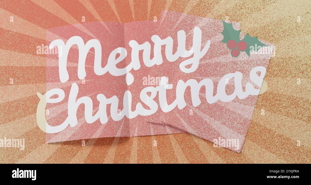 Image of merry christmas text banner over greeting card against orange ...