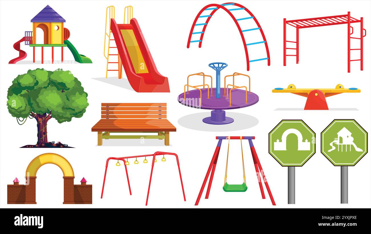 Playground equipments, Children Playground Elements with Slide, Swings ...