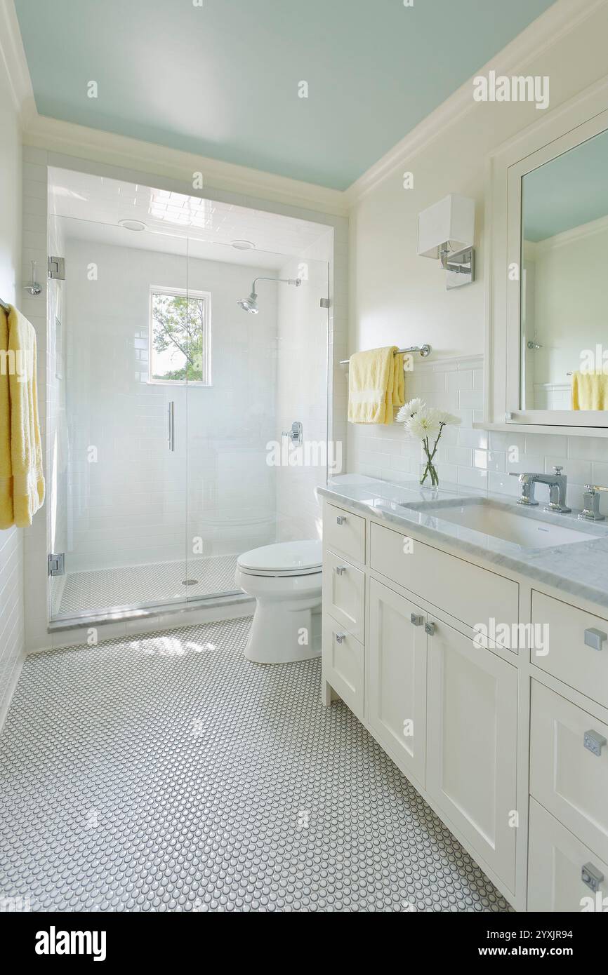 Clean white bathroom with white wall tile and soft blue ceiling Stock ...