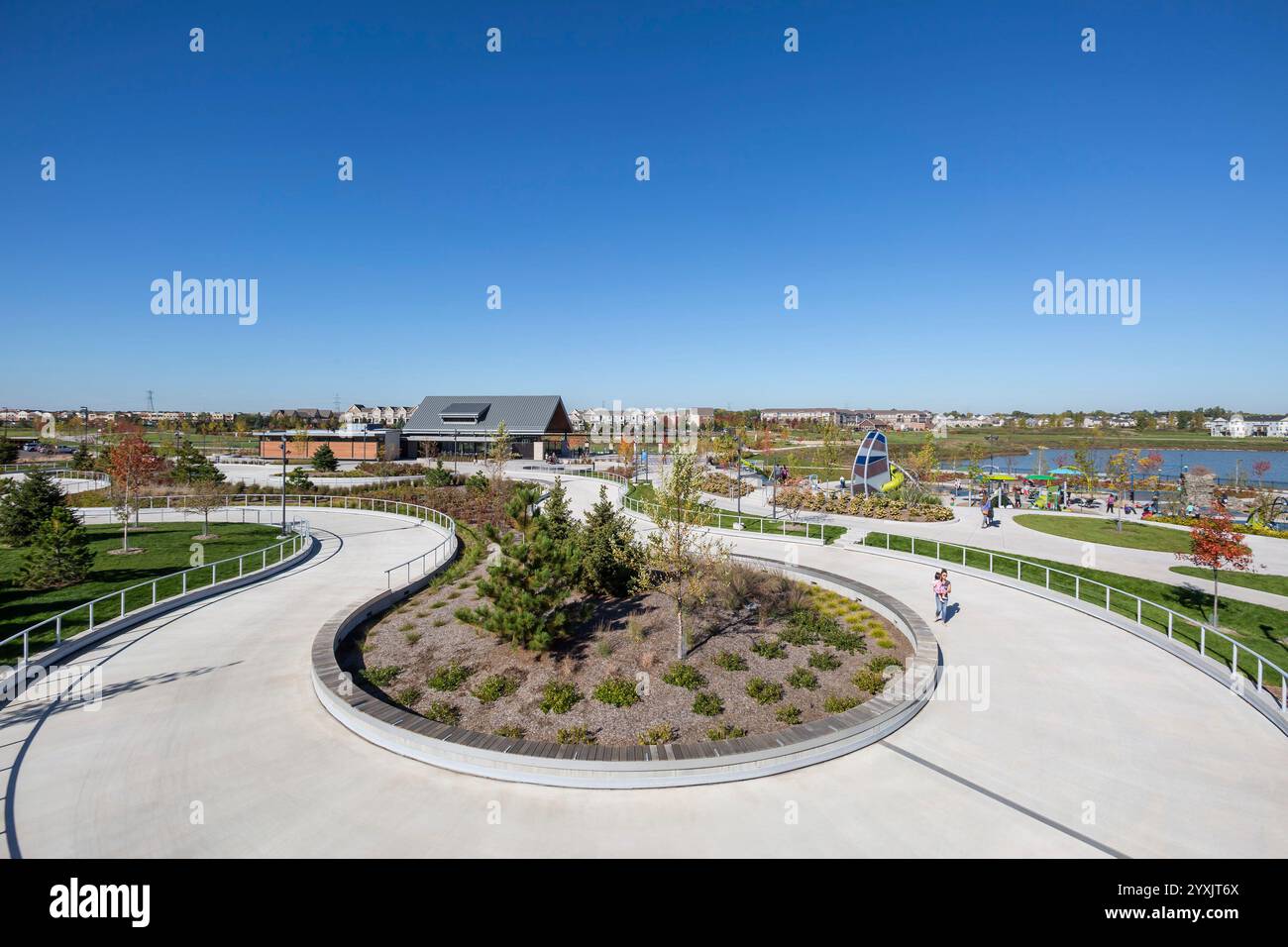 View of park from high angle showing park building and play ground and ...