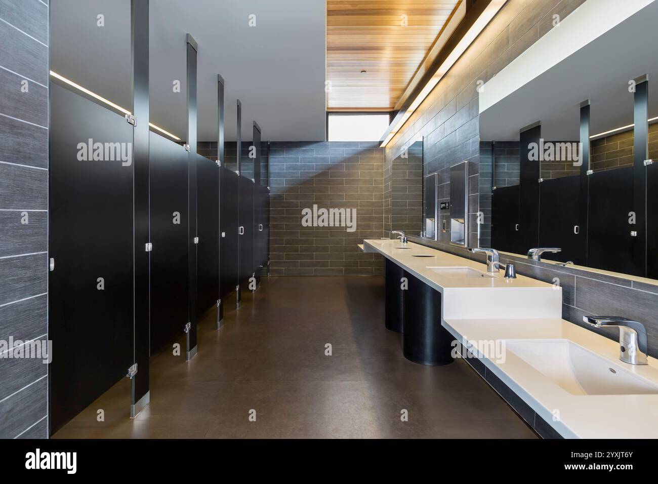 Bathroom in public park building with line of stalls and long sink ...