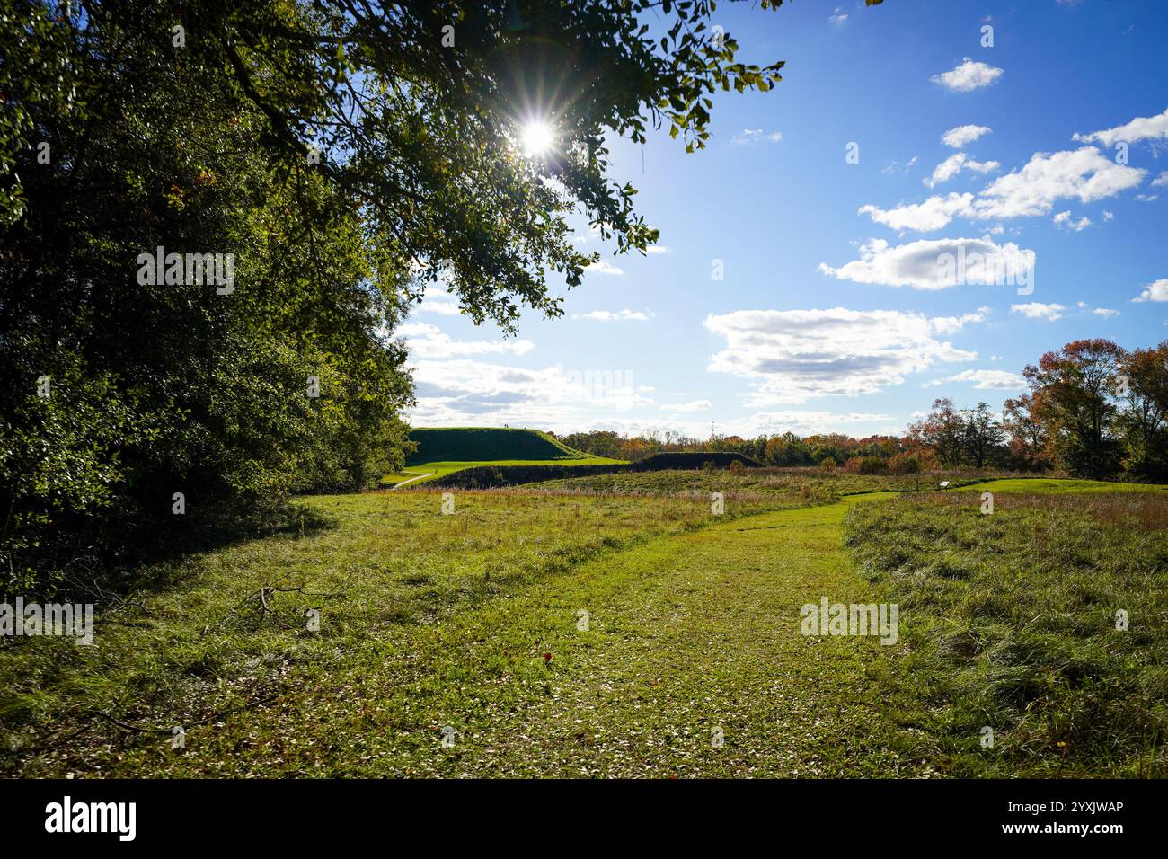 A distant view of The Great Temple Mound at Ocmulgee Mounds National ...