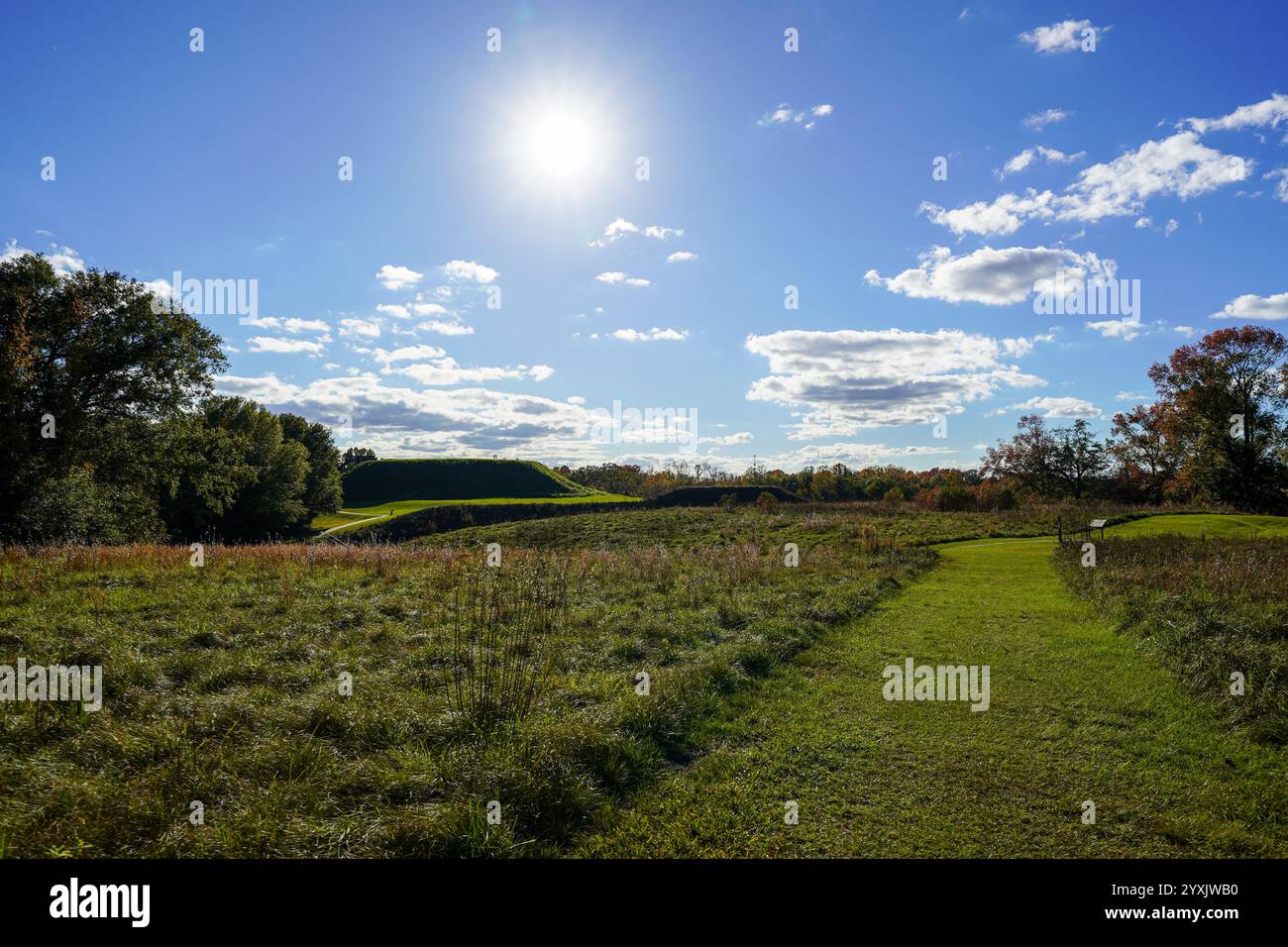 A distant view of The Great Temple Mound at Ocmulgee Mounds National ...