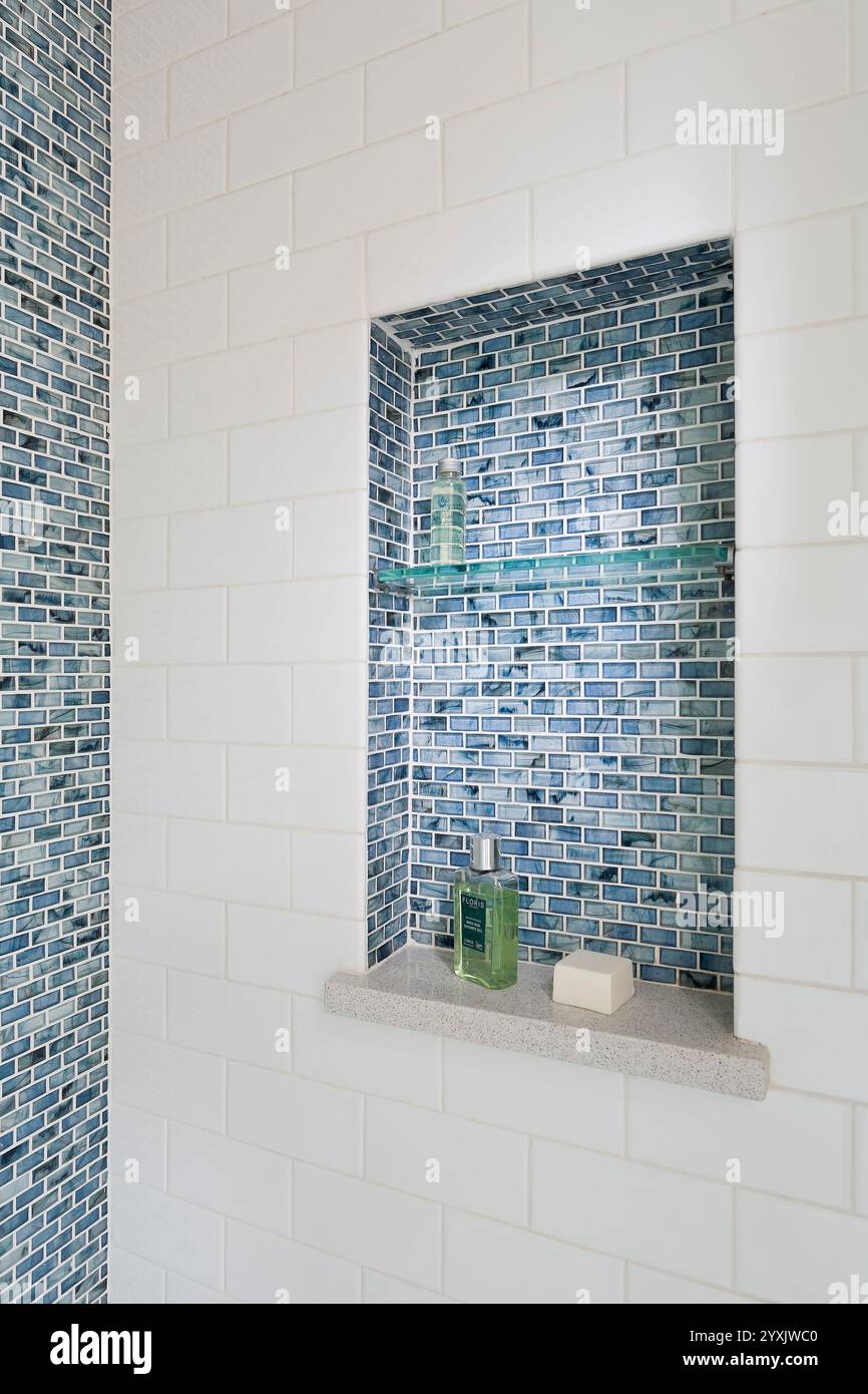 Detail of shower showing shelving inset into wall Stock Photo - Alamy
