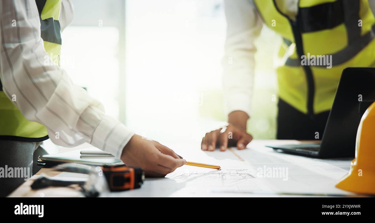 Architecture Teamwork And Hands Of Business People With Blueprint For Urban Planning Design