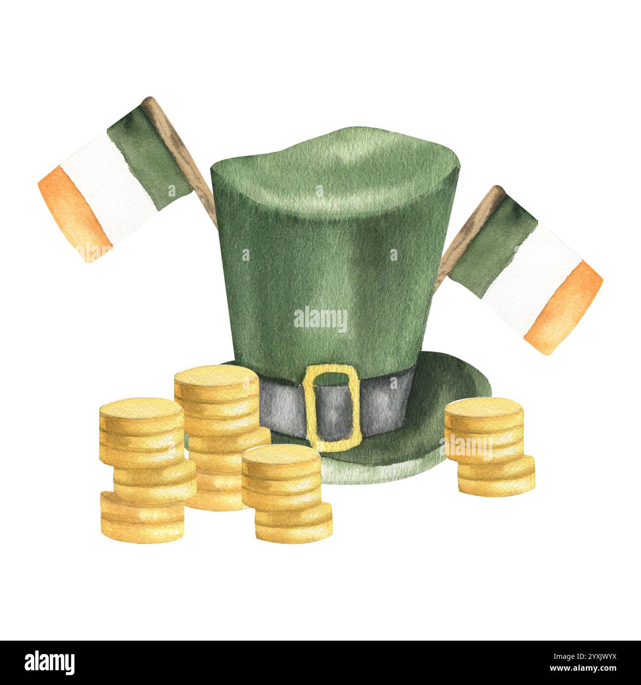 Green hat with buckle,Ireland flags and golden coins watercolor ...