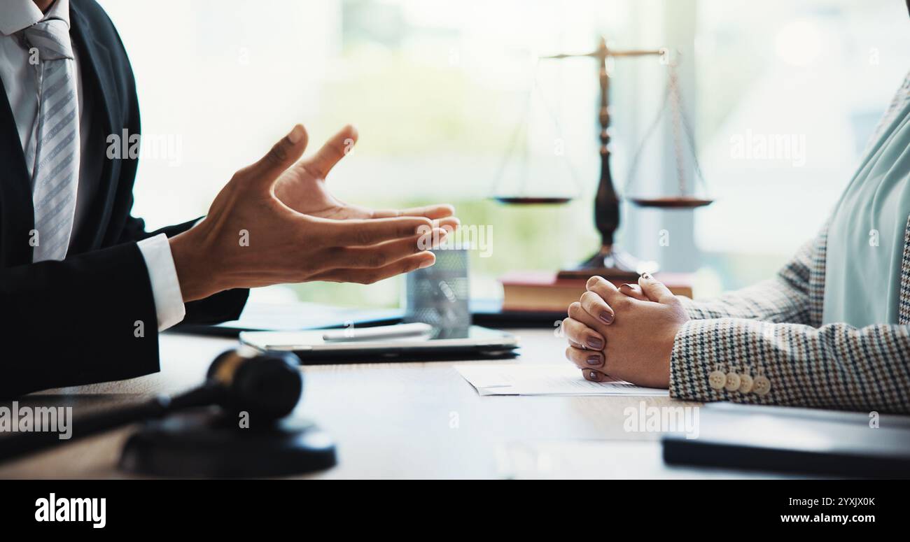 Meeting, lawyers and hands of business people in office for legal ...