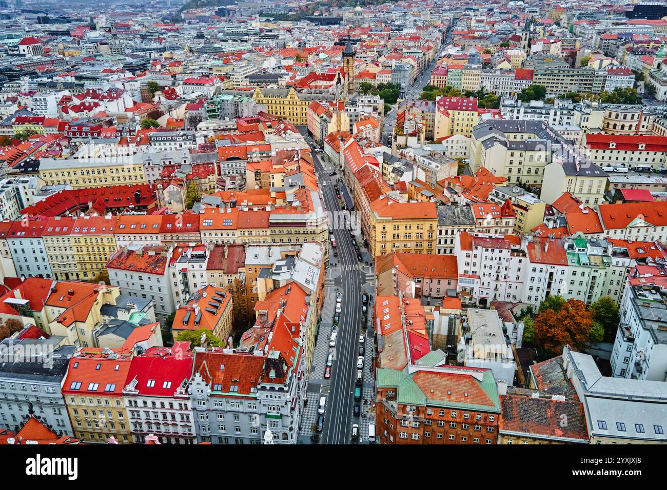 Prague architecture, aerial view. Historical buildings with red roofs ...
