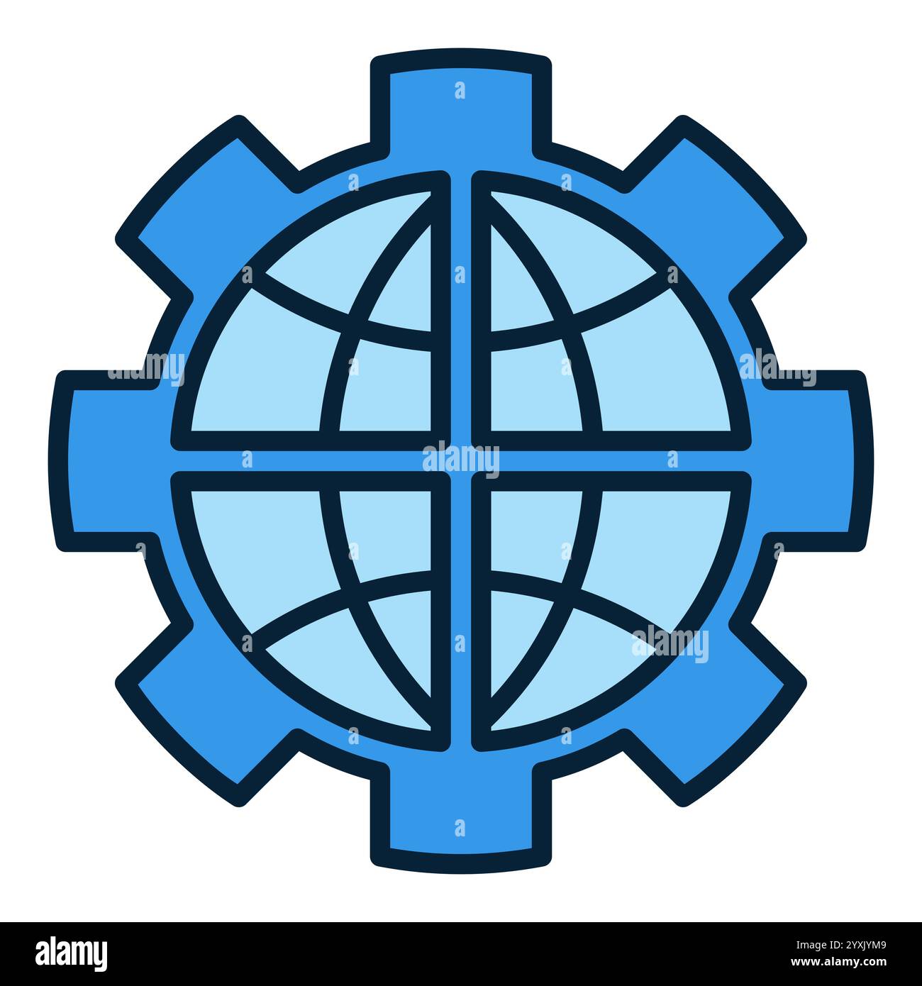 Earth Globe inside Cog Wheel vector Balance of Power concept blue icon ...