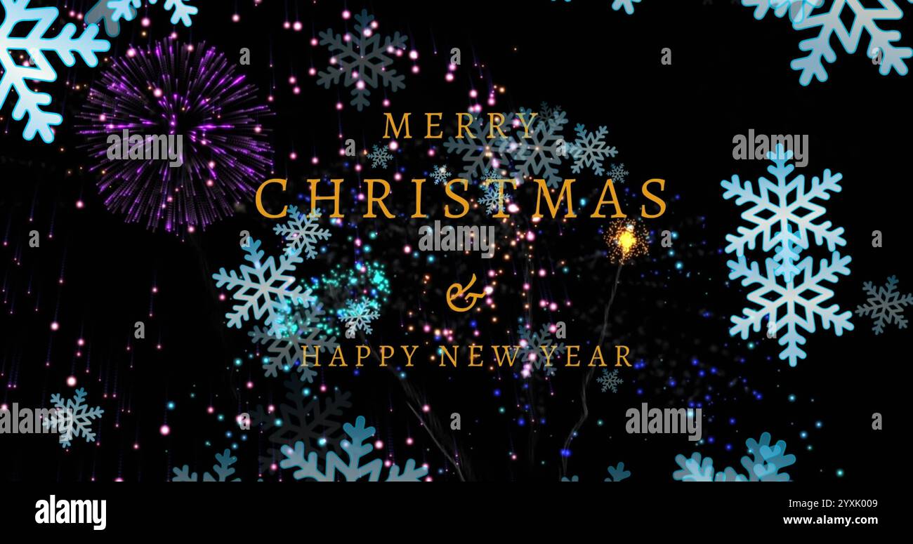 Image of snowflakes floating, fireworks exploding over merry christmas ...