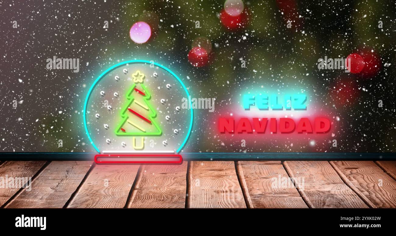 Image of feliz navidad text over snow globe with christmas tree ...
