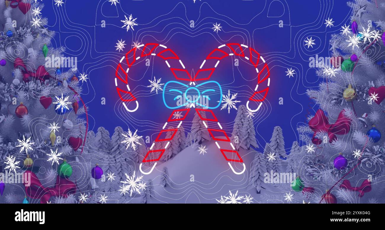 Image of snow falling and candy canes over christmas trees and winter ...
