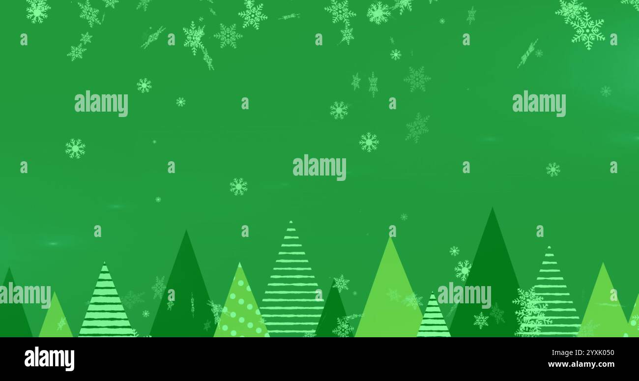 Image of snowflakes falling over tree icons against green background ...