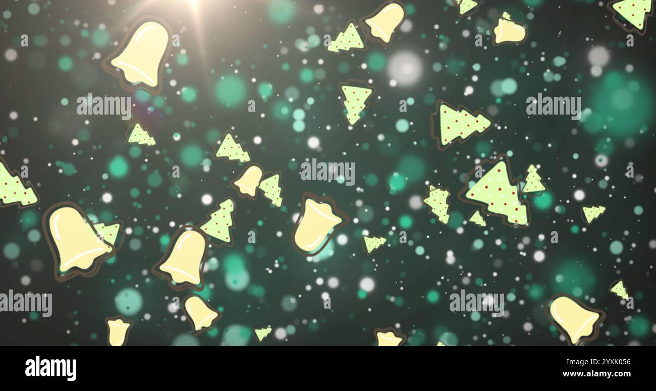 Image of christmas bells and trees falling over black background with ...