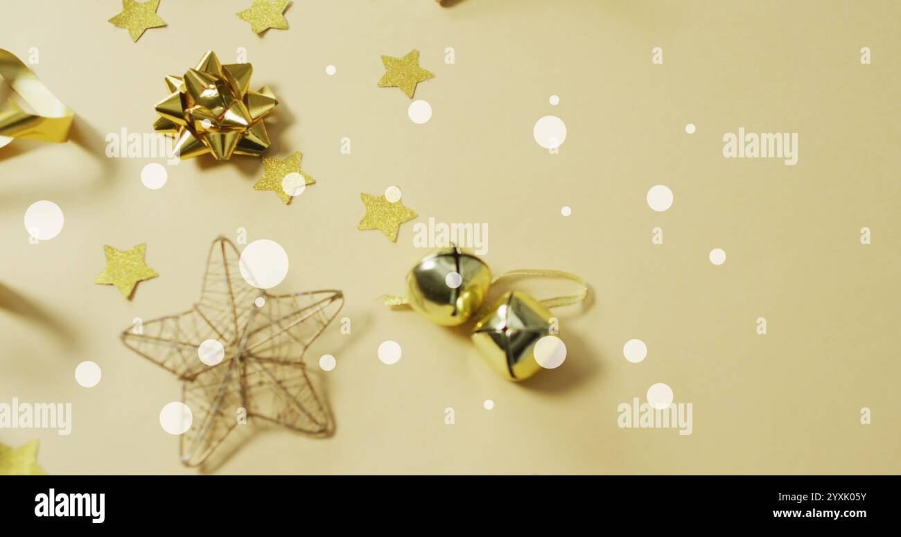 Image of light spots, stars and merry and bright text over christmas ...