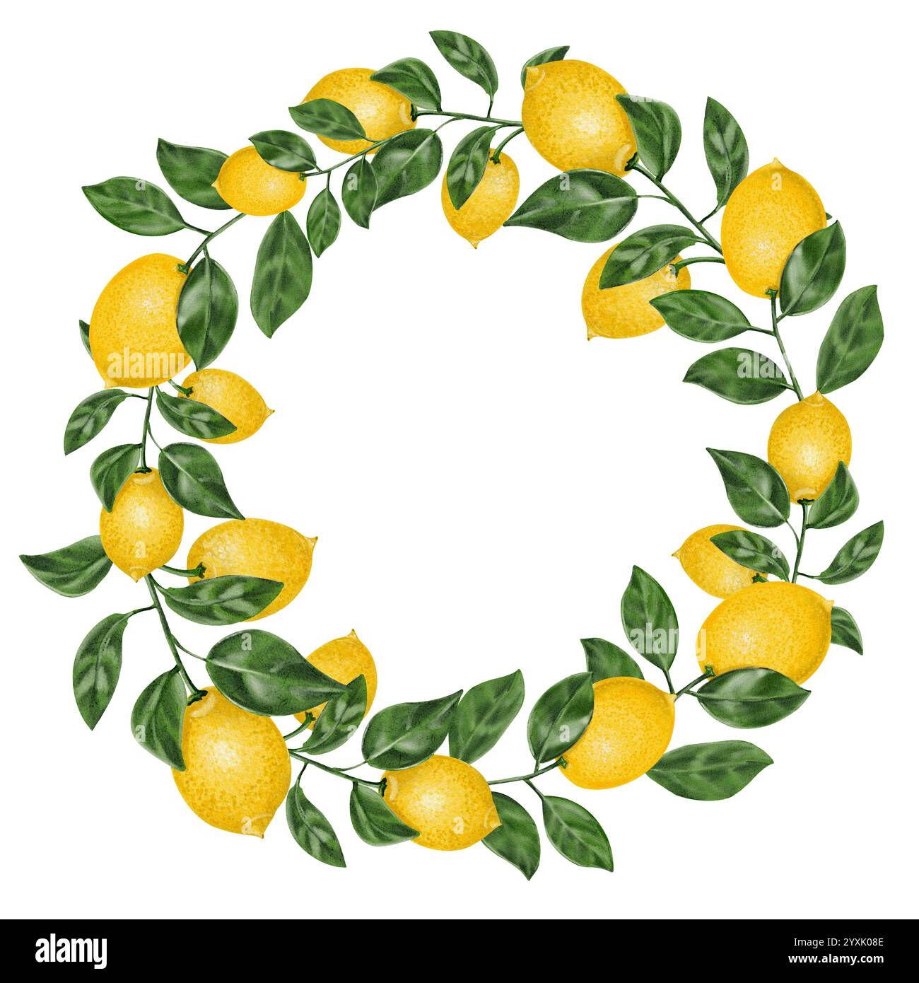 Wreath of lemons with leaves. Watercolor illustration. Round frame with ...