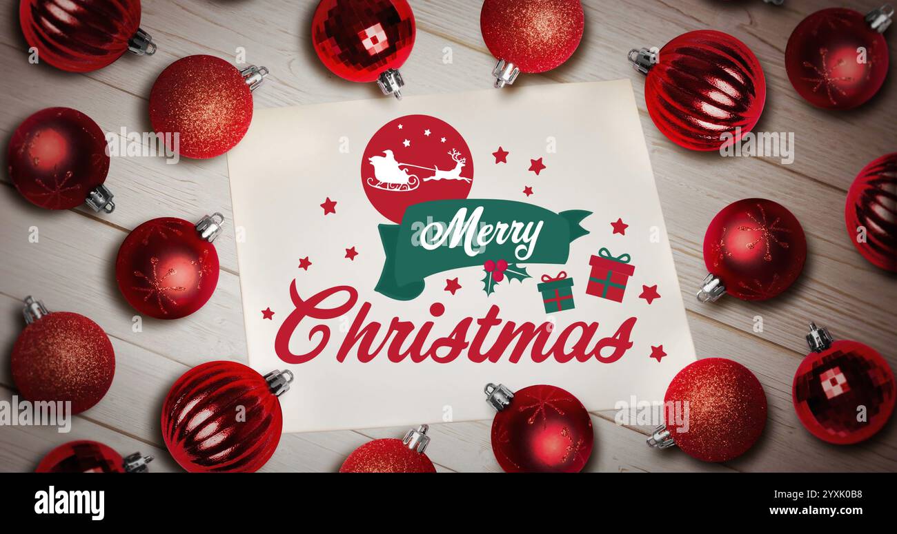 Image of christmas greetings text with christmas red baubles ...
