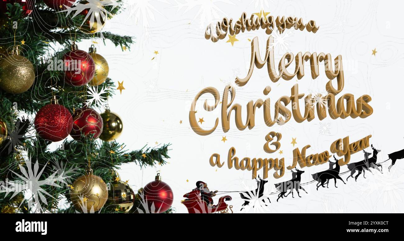 Image of christmas greetings text over christmas decorations, santa ...