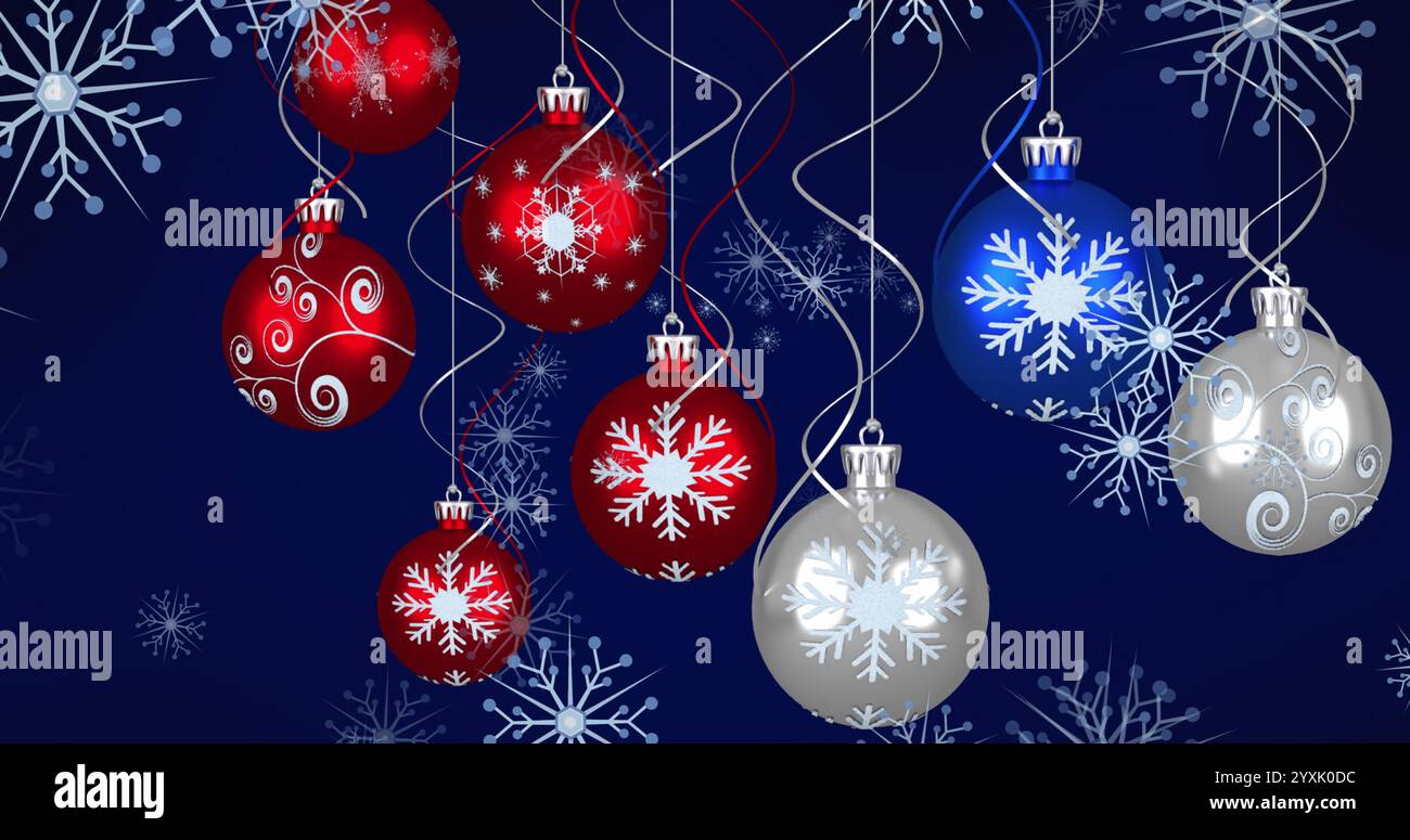 Image of christmas baubles decorations with snow falling. Christmas ...
