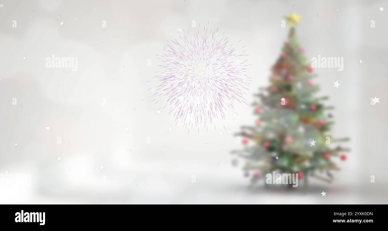 Image of snow falling and fireworks over christmas tree in winter ...