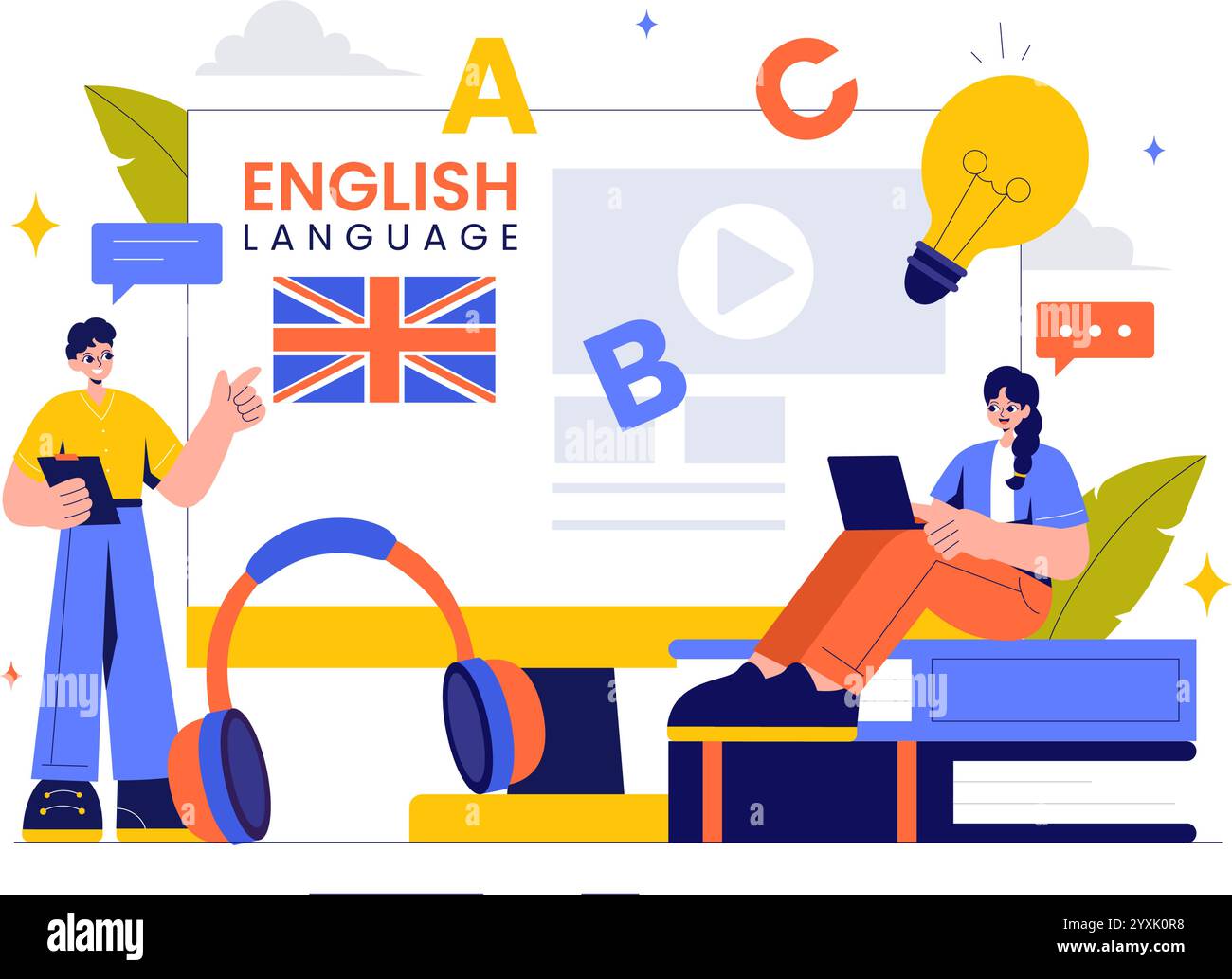 English Language Vector Illustration featuring Students Studying Foreign Languages, Global ...