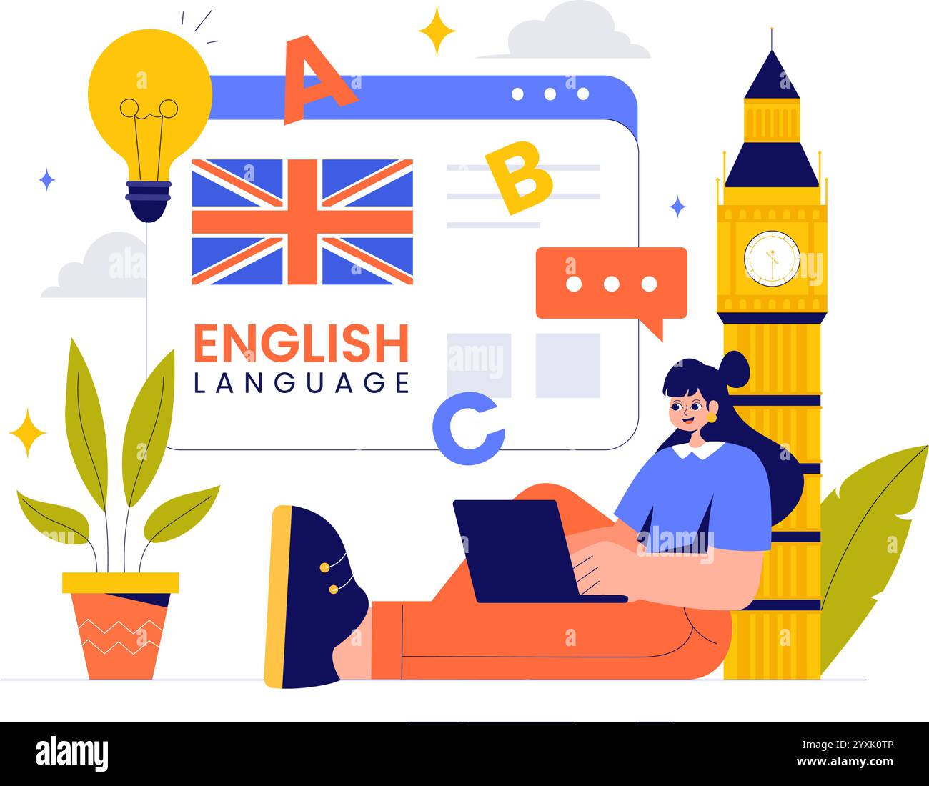 English Language Vector Illustration featuring Students Studying ...