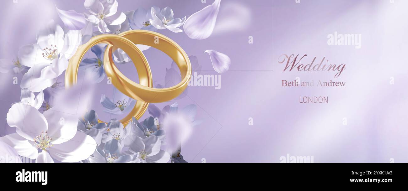 3d flying gold wedding jewelry ring background. Floral couple ...