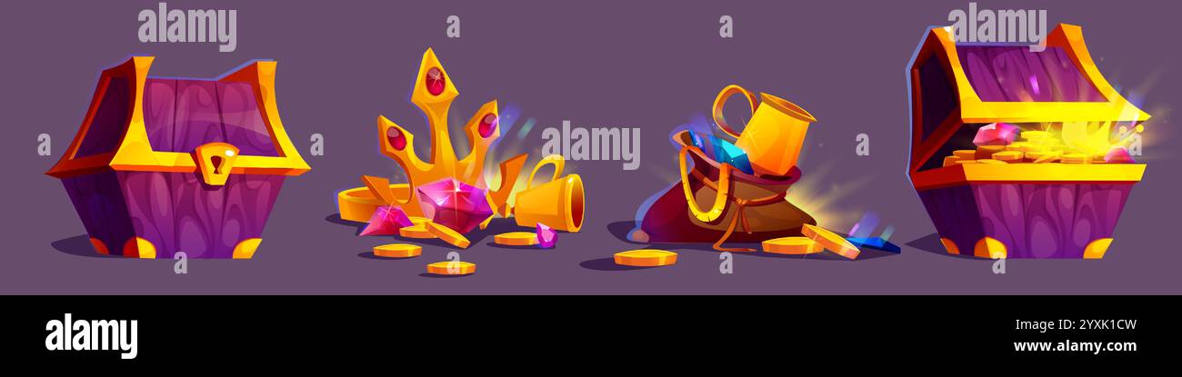 Treasure chest and gold set isolated on black background. Vector ...