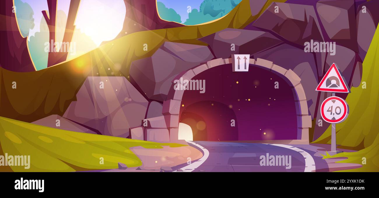 Road tunnel in summer forest. Vector cartoon illustration of highway ...