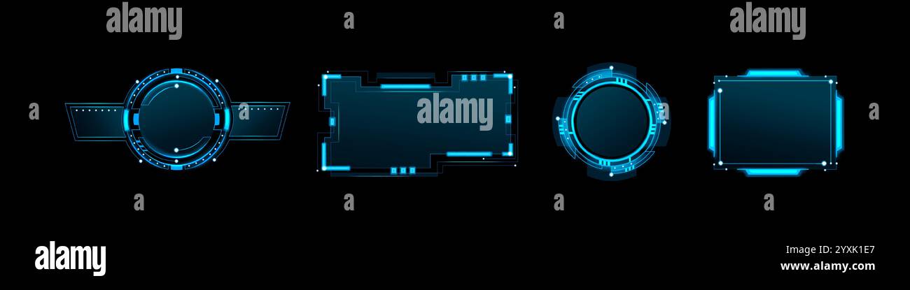 Futuristic tech game ui frames with glowing neon blue line on black background. User interfaces ...