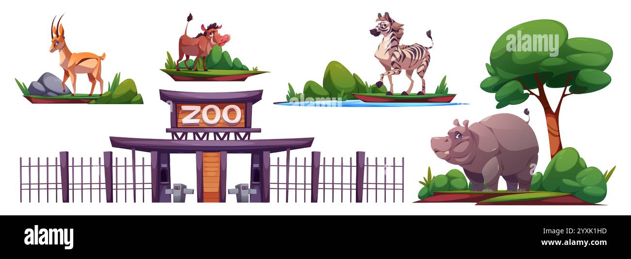 Zoo safari park elements - wooden entrance gates with fence, charming ...
