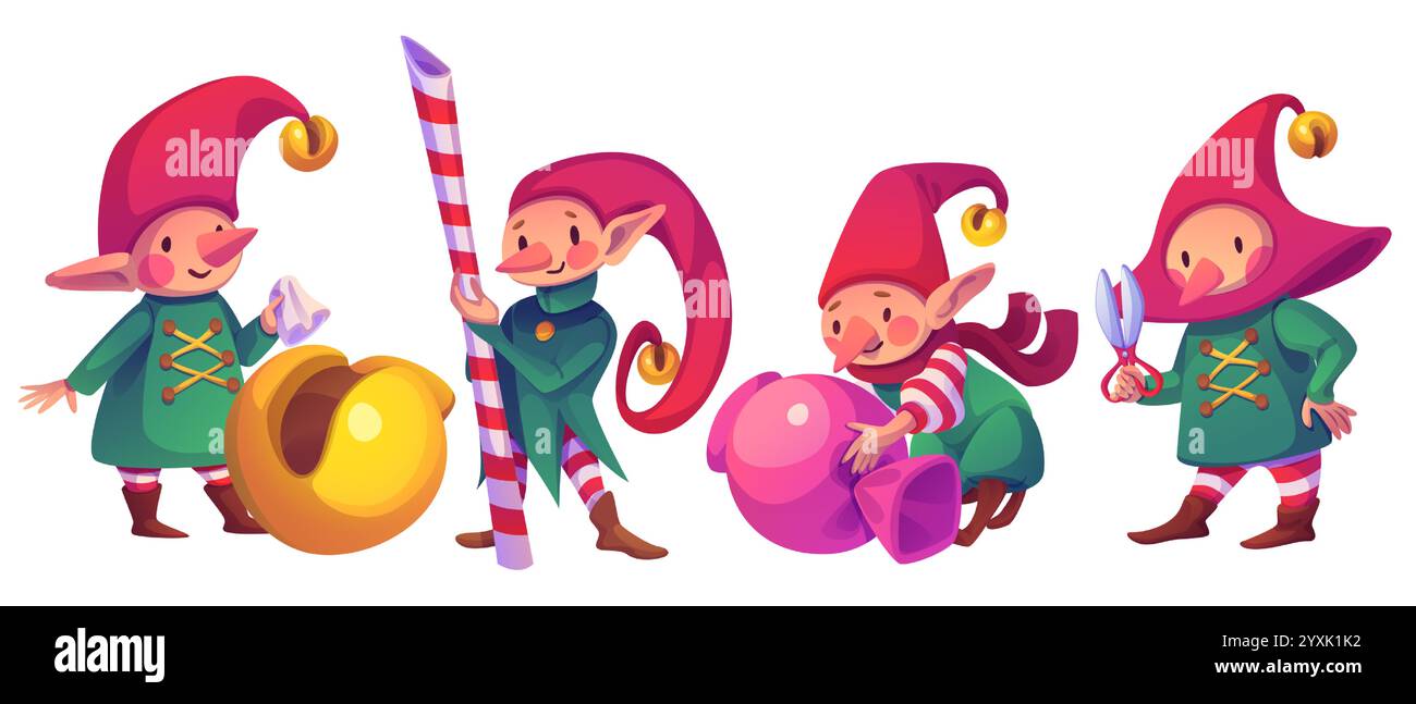 Cute cartoon Christmas elves in festive outfits. Santa Claus helpers ...