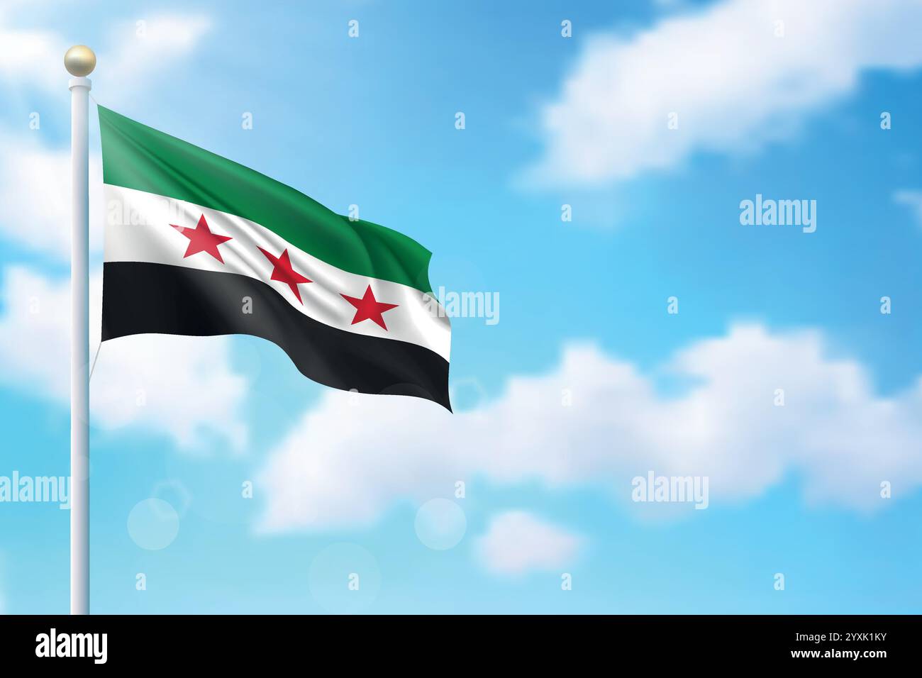 Waving Syrian flag featuring green, white, and black stripes with red ...