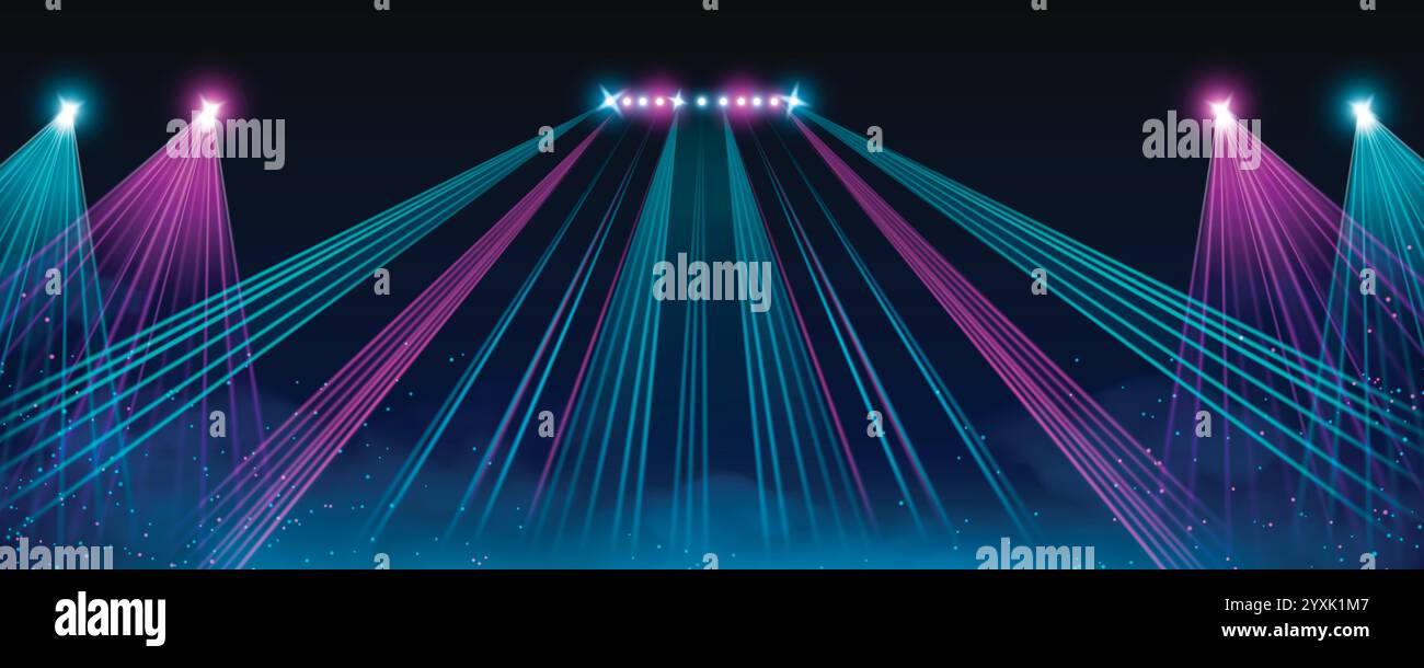 Stage lighting performance scene - dazzling spotlights with blue and ...