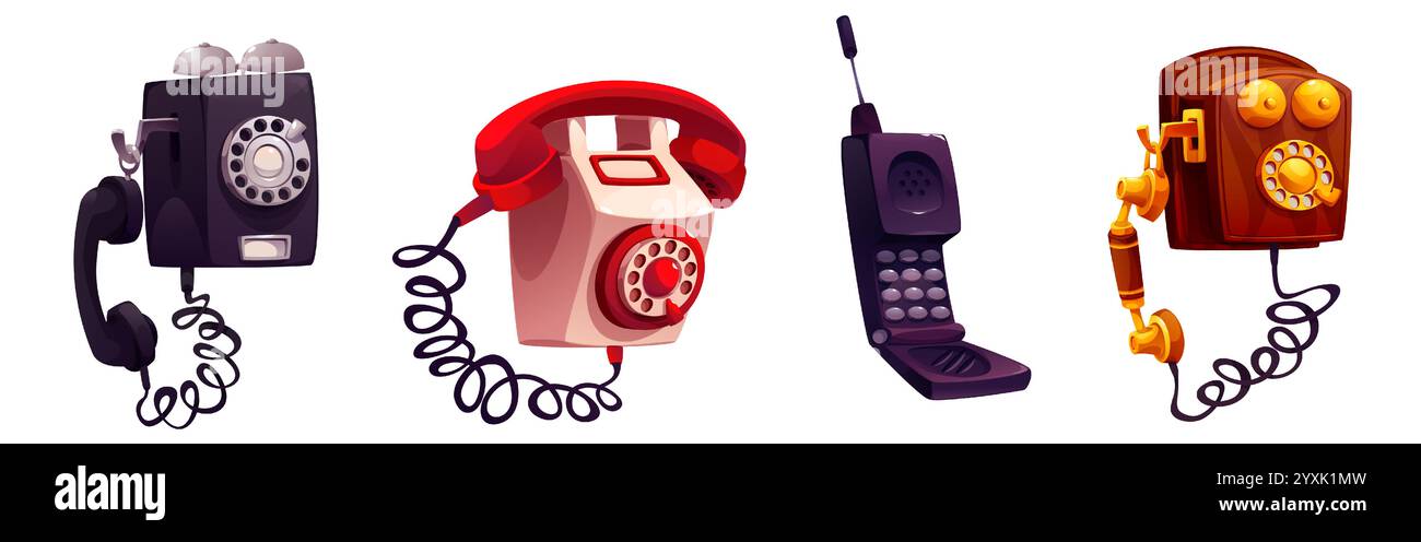 Retro phones set isolated on white background. Vector cartoon ...