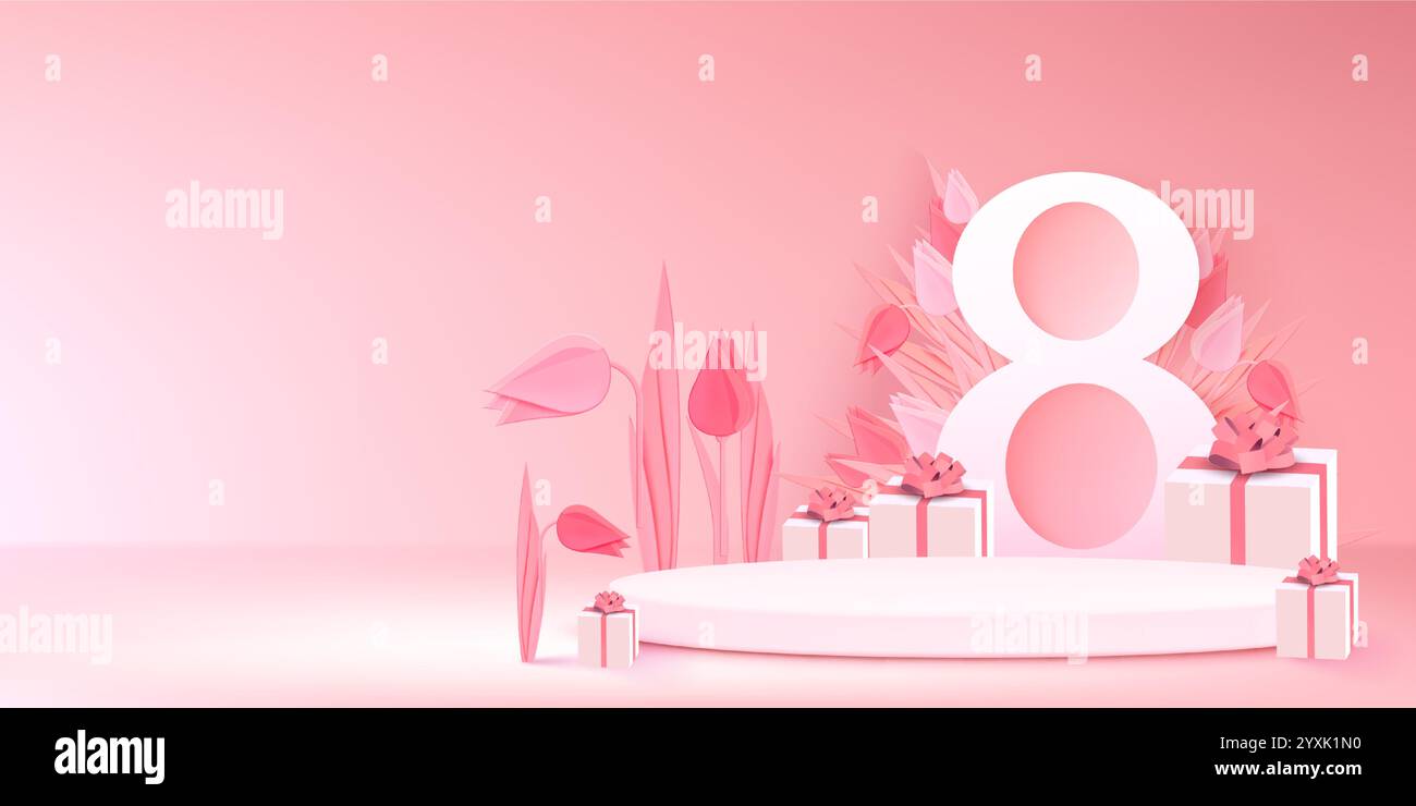March 8 celebration podium in pink pastel colors with feminine number ...