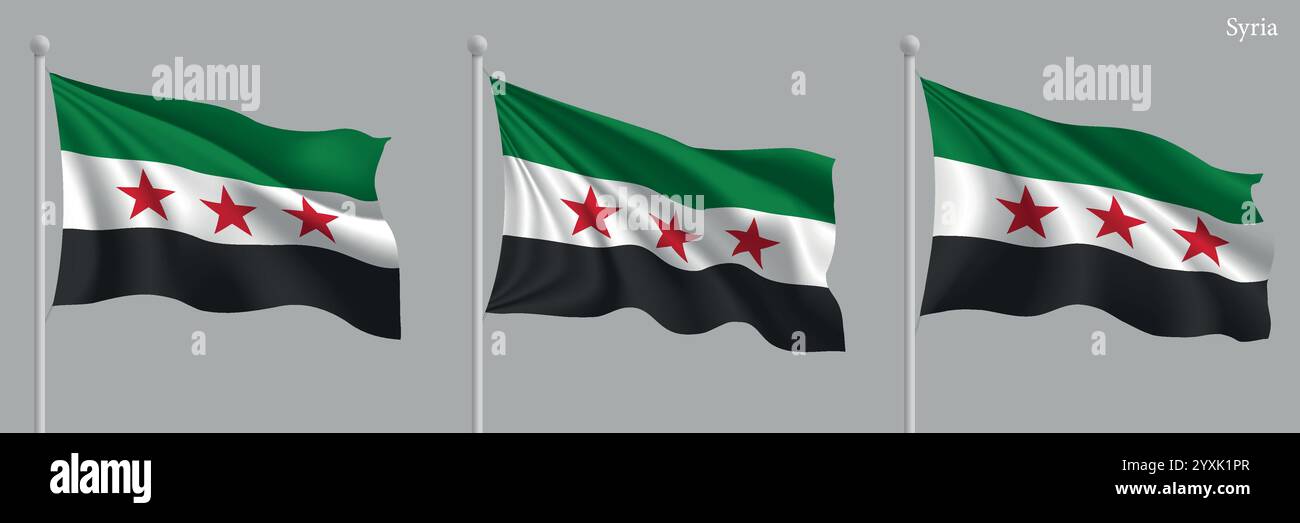 Waving Syrian flag featuring green, white, and black stripes with red ...