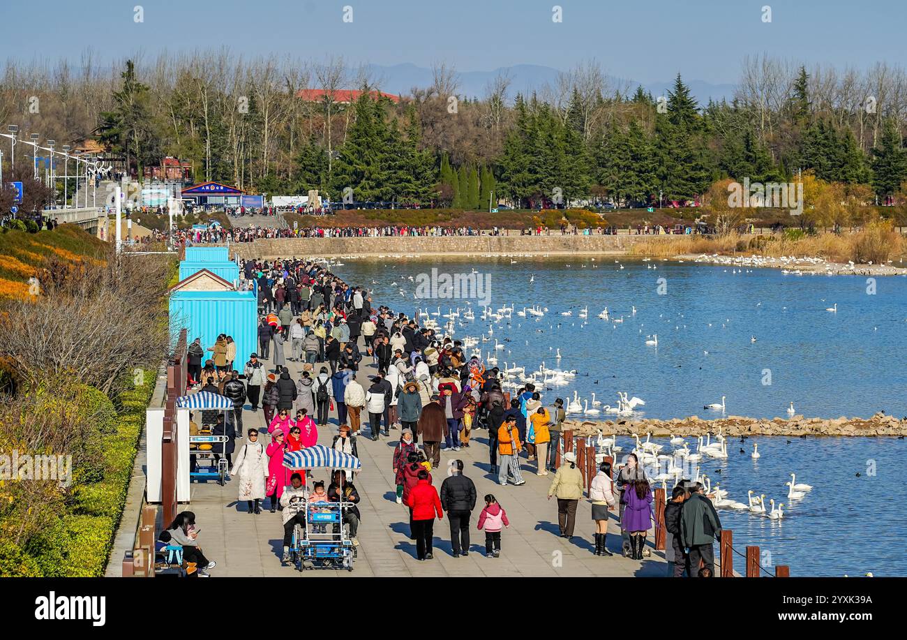 Tourists admire winter scenery at Yellow River wetland in Sanmenxia ...