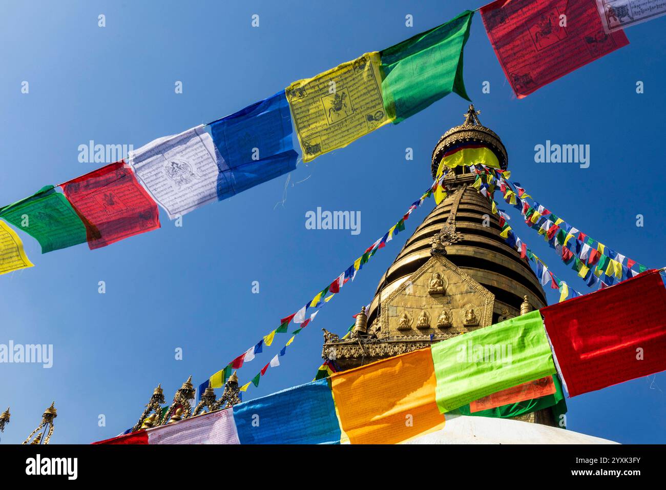 Swayambhunath stupa with prayer flags, temple complex, Kathmandu, Kathmandu Valley, Nepal, Asia ...