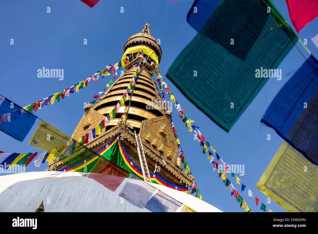 Swayambhunath stupa with prayer flags, temple complex, Kathmandu, Kathmandu Valley, Nepal, Asia ...