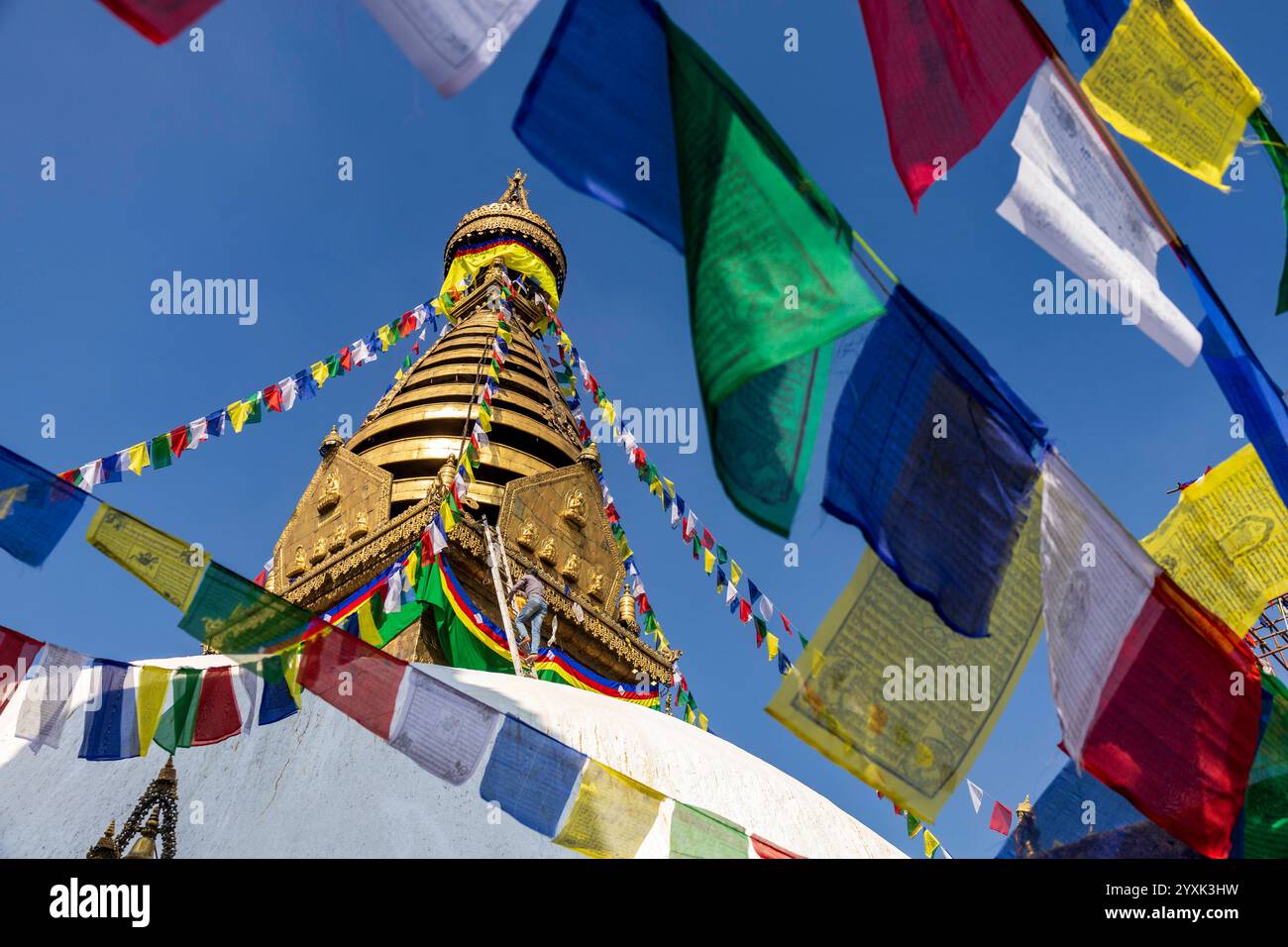 Swayambhunath stupa with prayer flags, temple complex, Kathmandu, Kathmandu Valley, Nepal, Asia ...