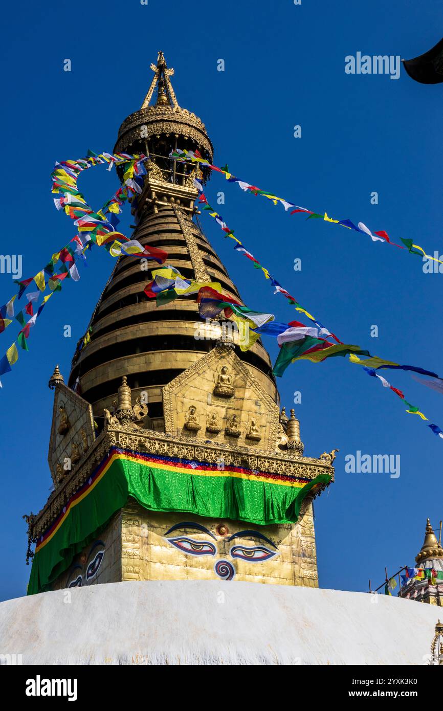 Swayambhunath stupa with prayer flags, temple complex, Kathmandu ...