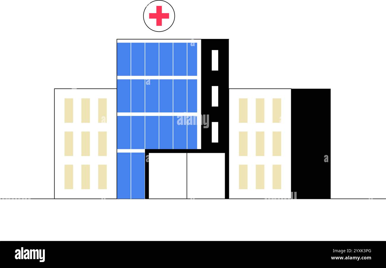 Modern Hospital Building With Cross Symbol In Flat Vector Illustration ...