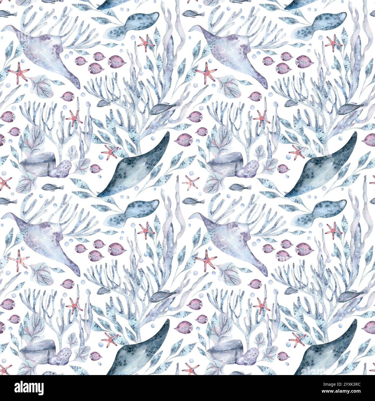 Underwater seamless pattern of deep ocean life, stingrays, starfish ...